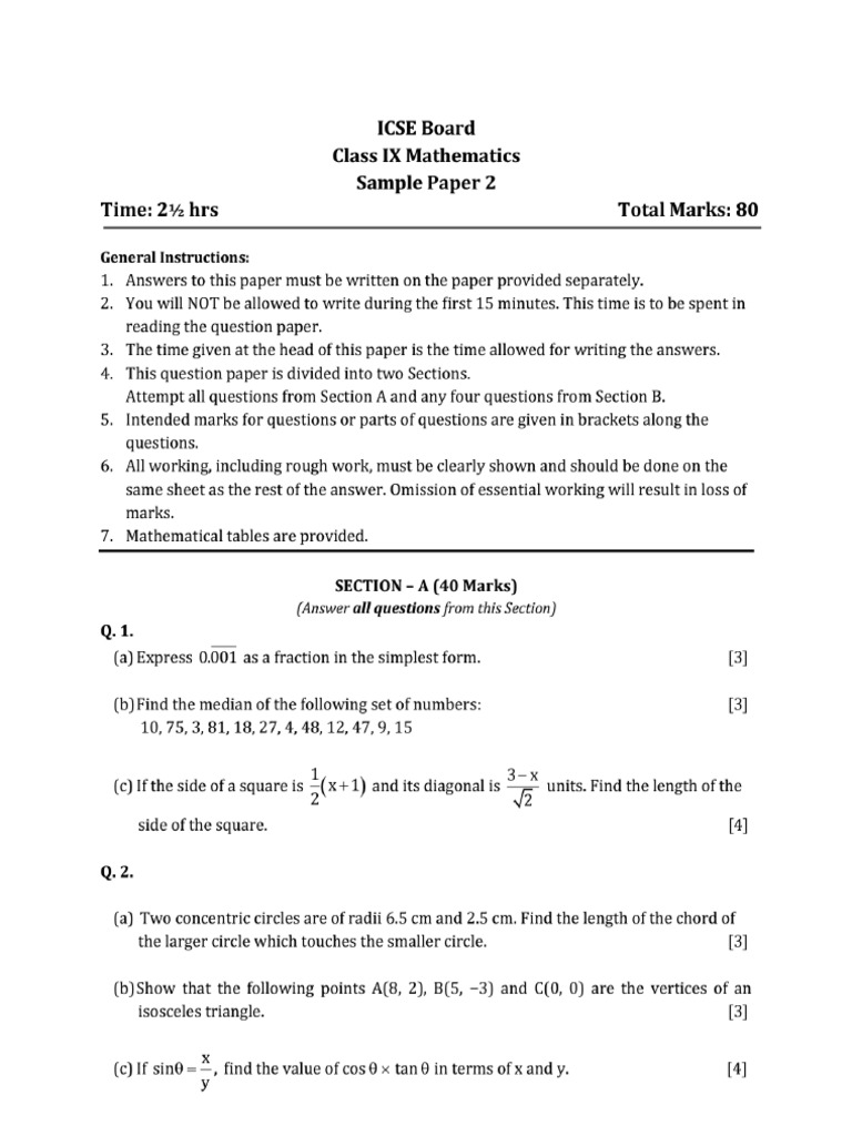ICSE Class IX Math SP - 2 | PDF