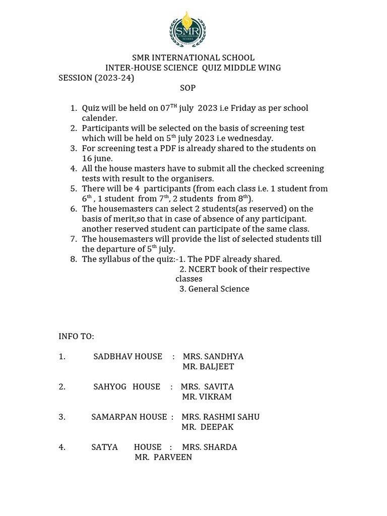 SOP of Inter-House Science Quiz (Middle Segment) 2023 | PDF