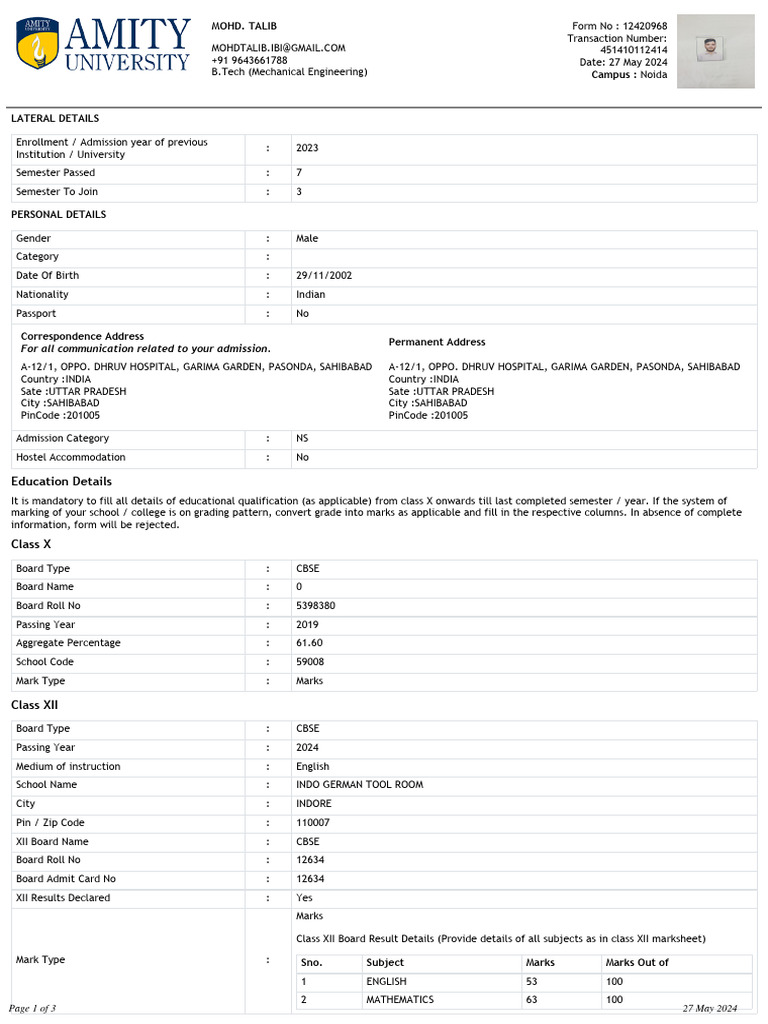 Amity Application Form | PDF