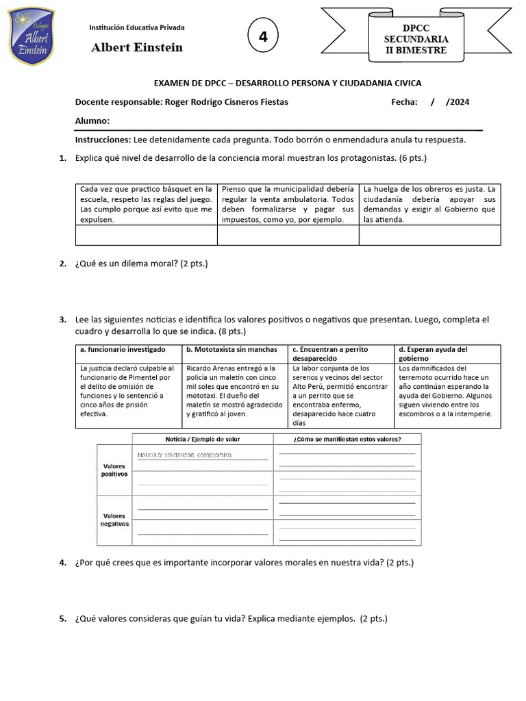 Examen de DPCC: Conciencia Moral y Valores | PDF
