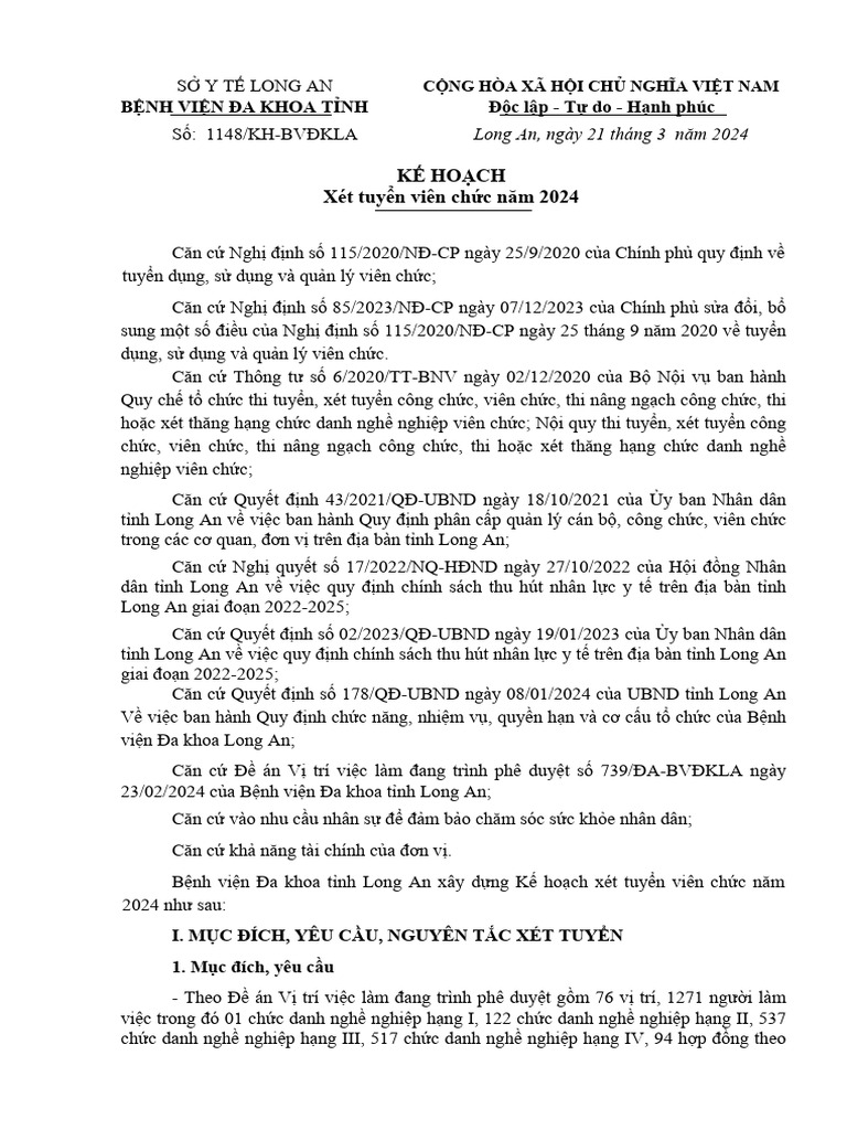 1148 - KH-BVĐKLA - 21-03-2024 - KE HOẠCH XET TUYEN VIEN CHUC BVĐKLA NAM 2024.signed | PDF
