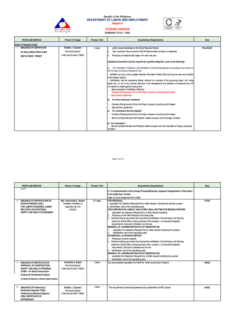 DOLE9 Frontline Services | PDF | Occupational Safety And Health ...