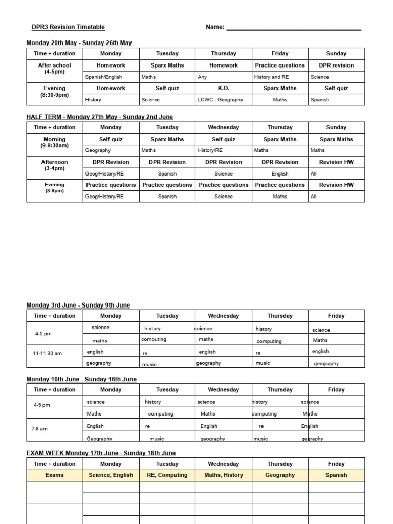 Example+Revision+timetable+Y8 (1) | PDF | Science