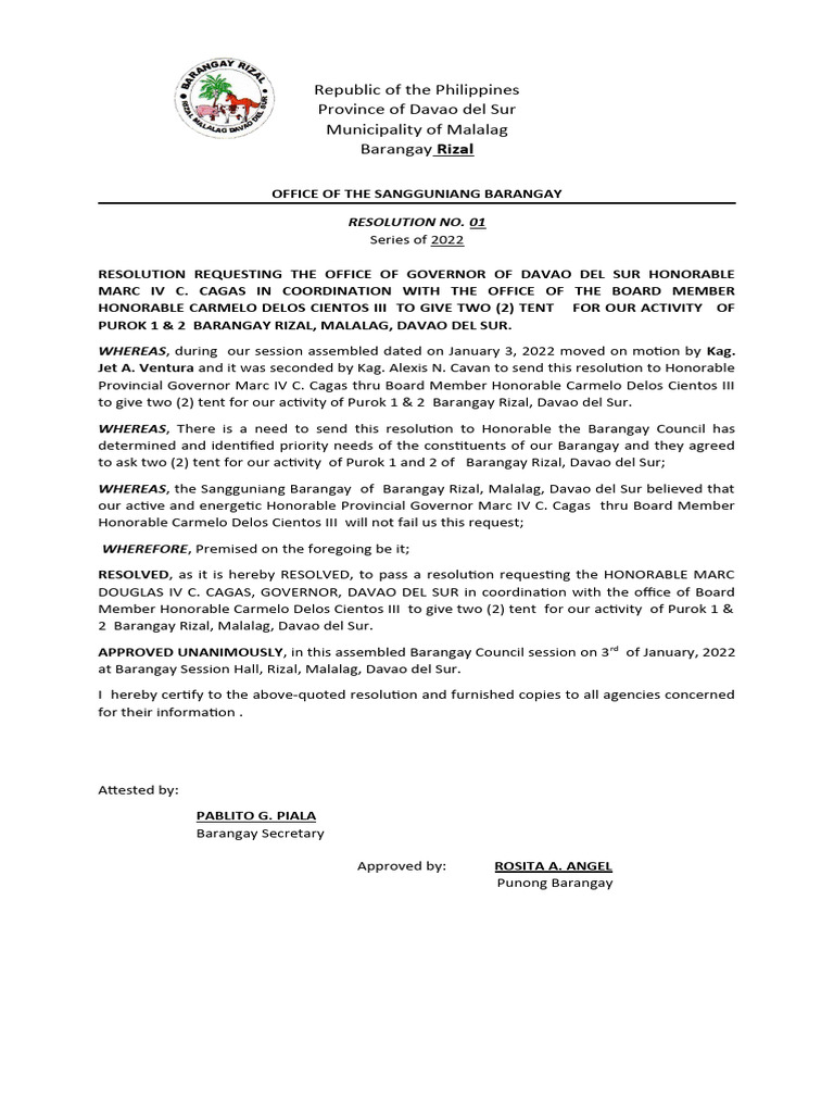 Barangay Rizal Tent Request Resolution | PDF | Home & Garden