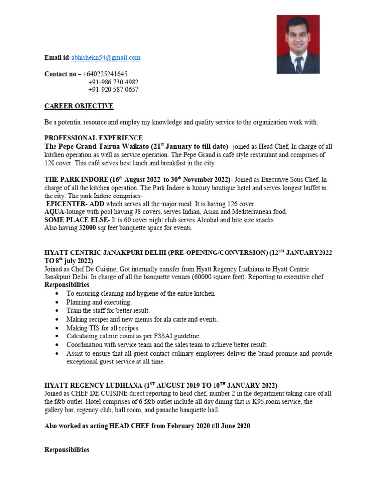 Abhishek Nayak Chef de PartieSous Chef Resume | PDF | Chef | Restaurants