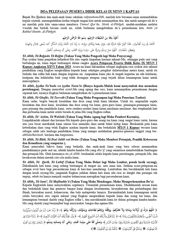 Doa Pelepasan Peserta Didik Kelas Ix MTSN 1 Kapuas Angkatan Xxvi Tahun 2023 | PDF