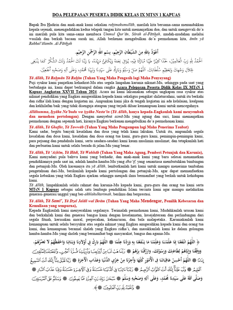 Doa Pelepasan Peserta Didik Kelas Ix MTSN 1 Kapuas Angkatan Xxvi Tahun 2024 | PDF