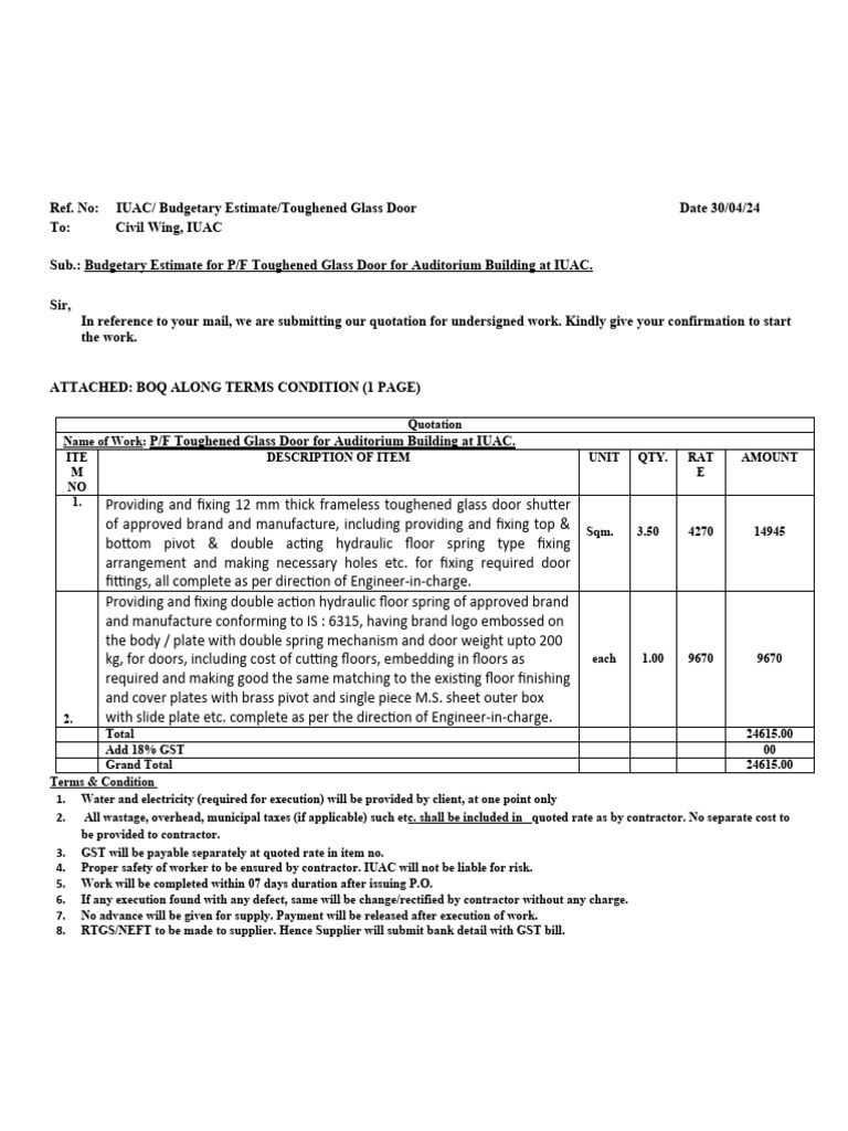 QUOTATION FOR Glass Door. | PDF | Door
