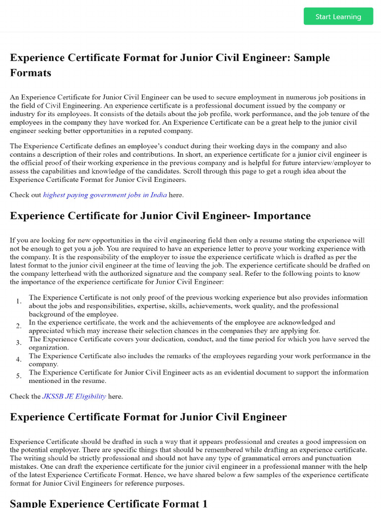 Junior Civil Engineer Experience Certificate Format - Check Here | PDF