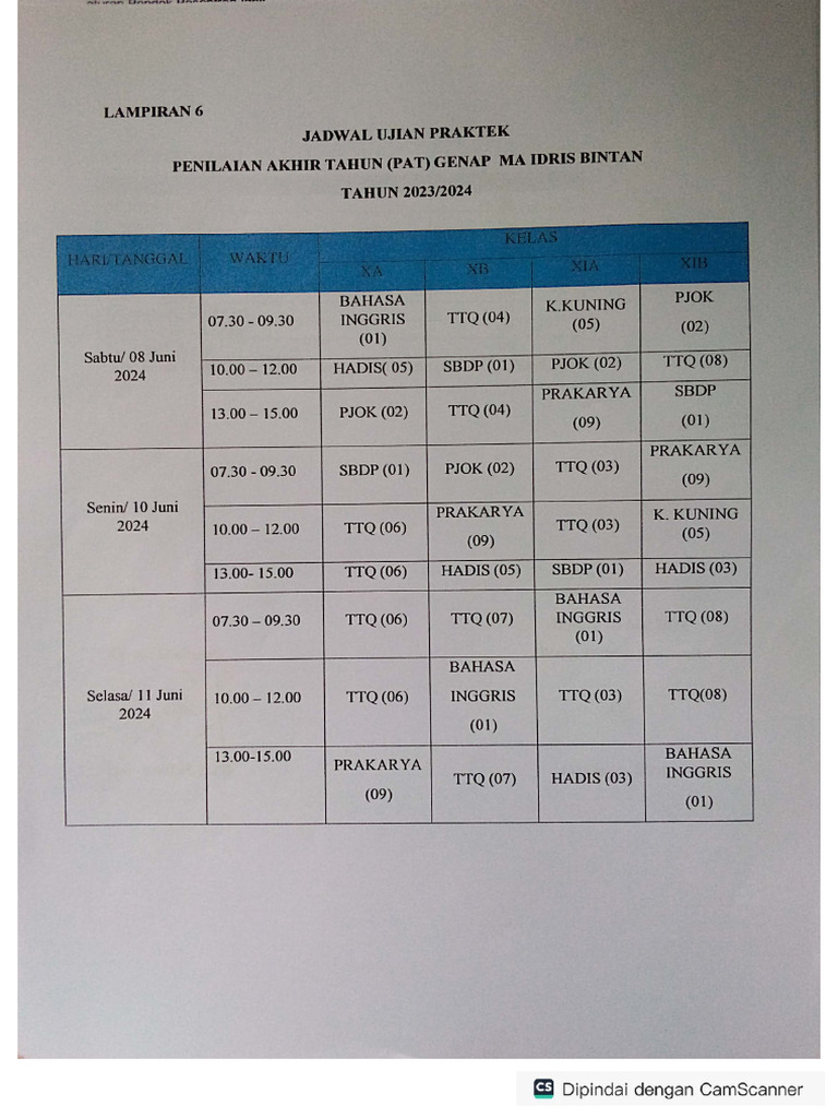 Revisi Jadwal Ujian Praktek PAT 2024 | PDF