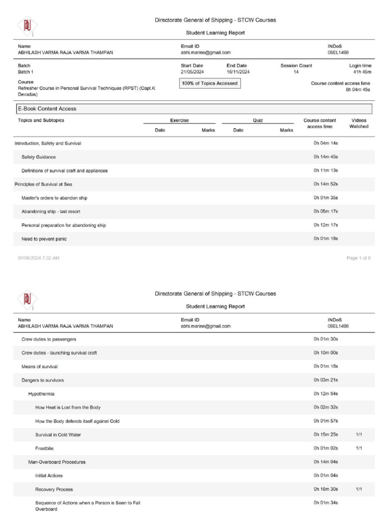 E-Learning Pass Report (PST) | PDF