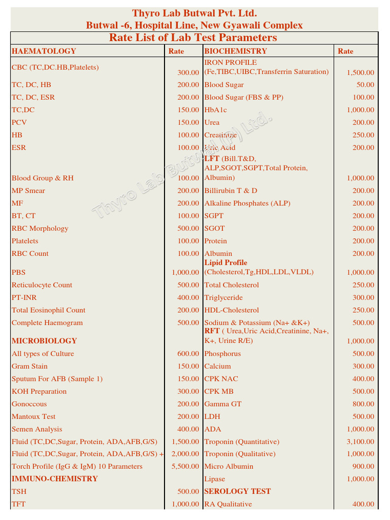 Rate List of Lab Test Parameters: Haematology Rate Biochemistry Rate ...