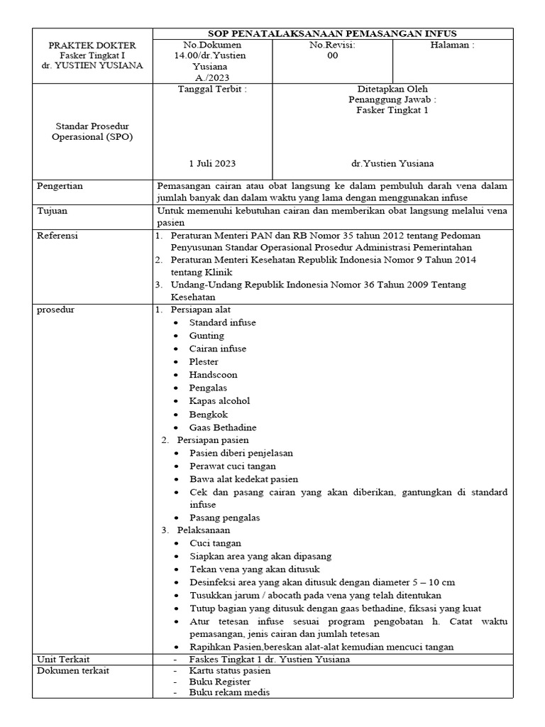 Sop Penatalaksanaan Pemasangan Infus | PDF