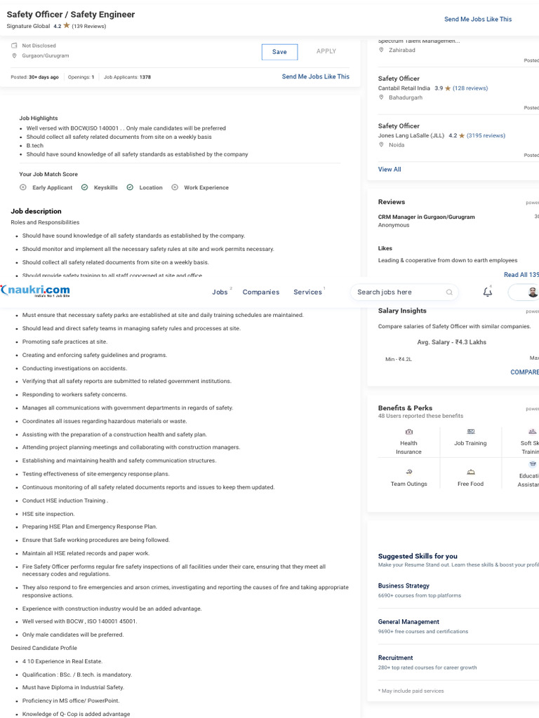 Safety Officer _ Safety Engineer - Gurgaon - Signature Global - 1 to 5 ...