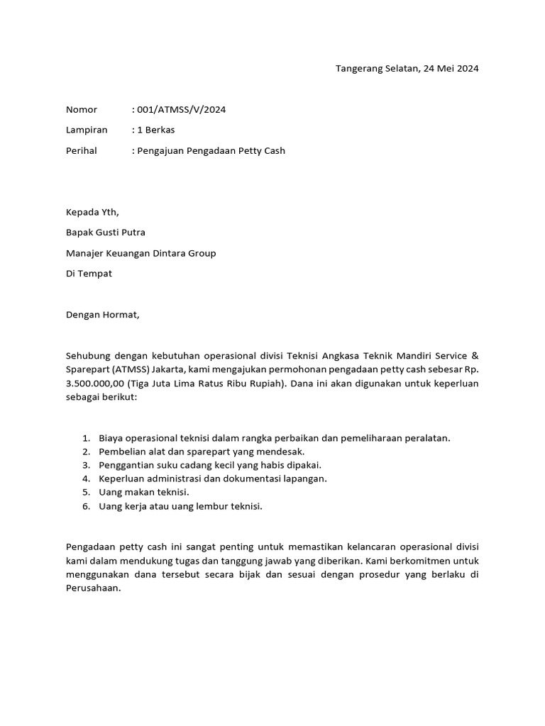 Surat Pengajuan Petty Cash | PDF