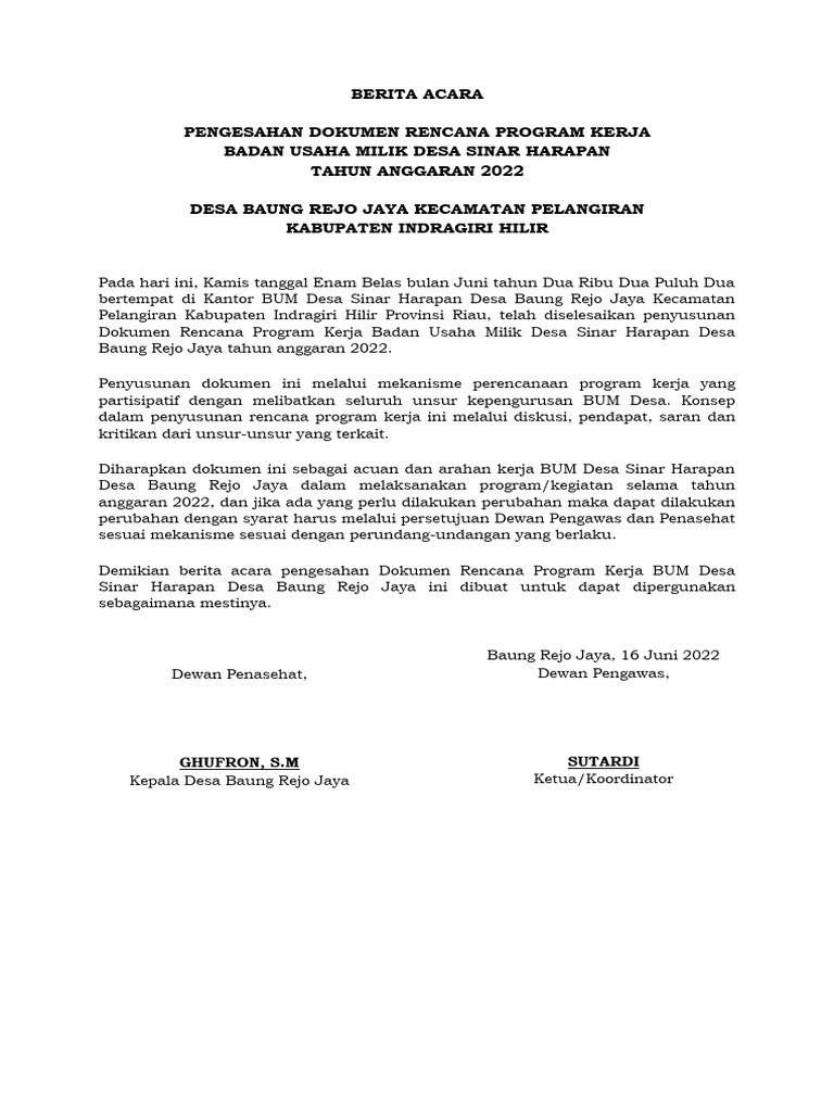 Rencana Program Kerja Bumdes Sinar Harapan (2022) | PDF
