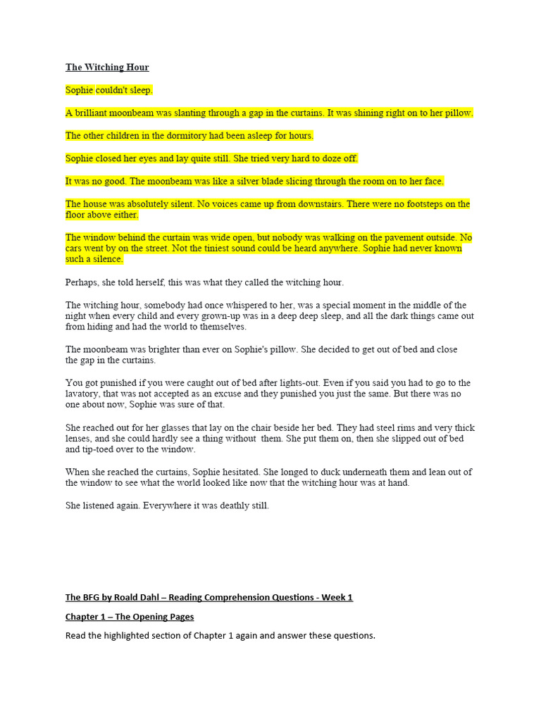 BFG Chapter 1 Comprehension Questions | PDF | Foreign Language Studies ...