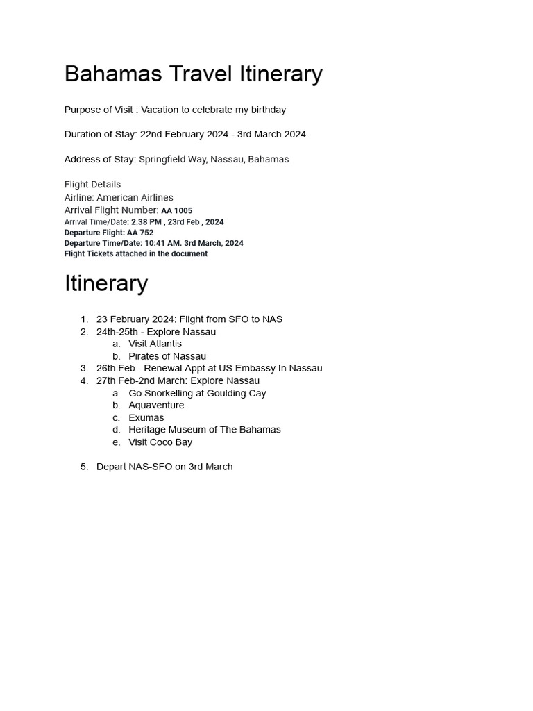 Bahamas Itinerary | PDF | American Airlines | San Francisco ...