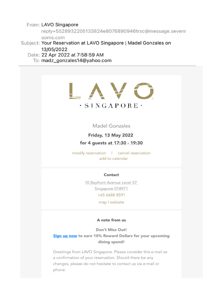 LAVO Singapore Reservation Confirmation | PDF | Pandemic | Vaccination