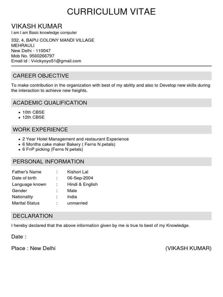 Curriculum Vitae: Vikash Kumar | PDF | Career & Growth