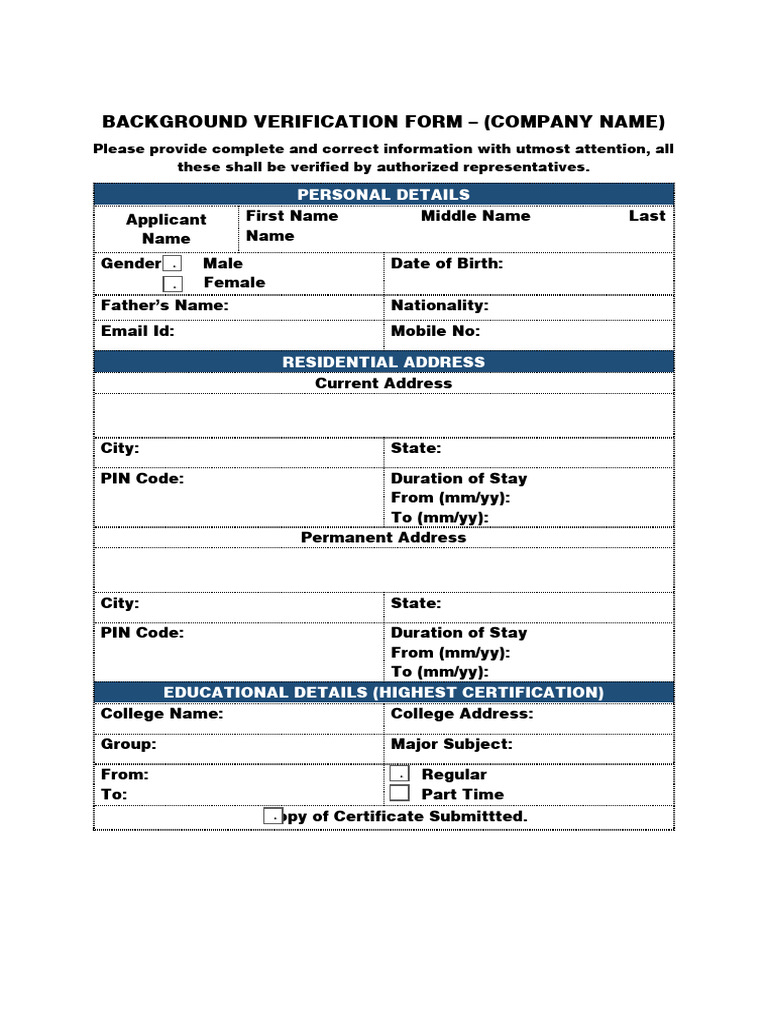 Employee Background Verification Form 2 | PDF | Career & Growth
