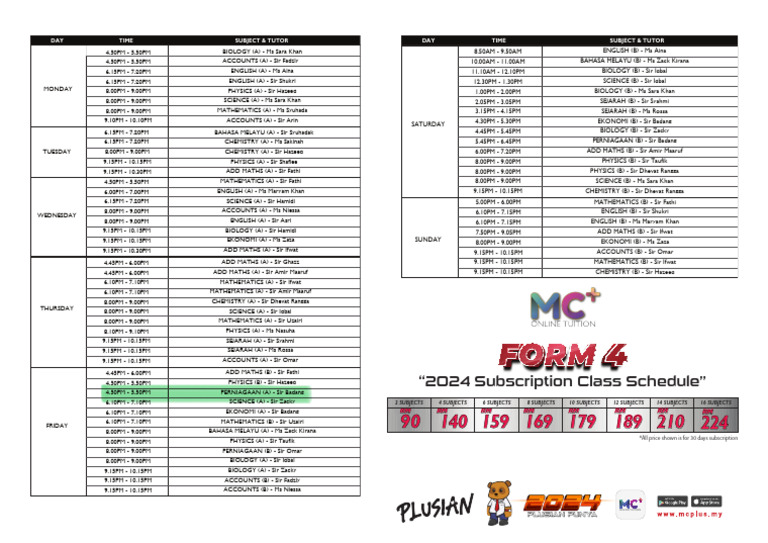 Official Timetable Form 4 | PDF