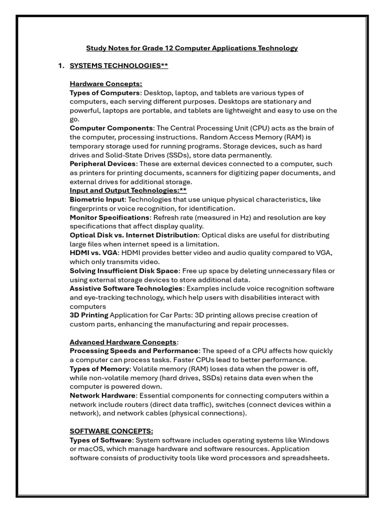 Study Notes for Grade 12 Computer Applications Technology | Download ...