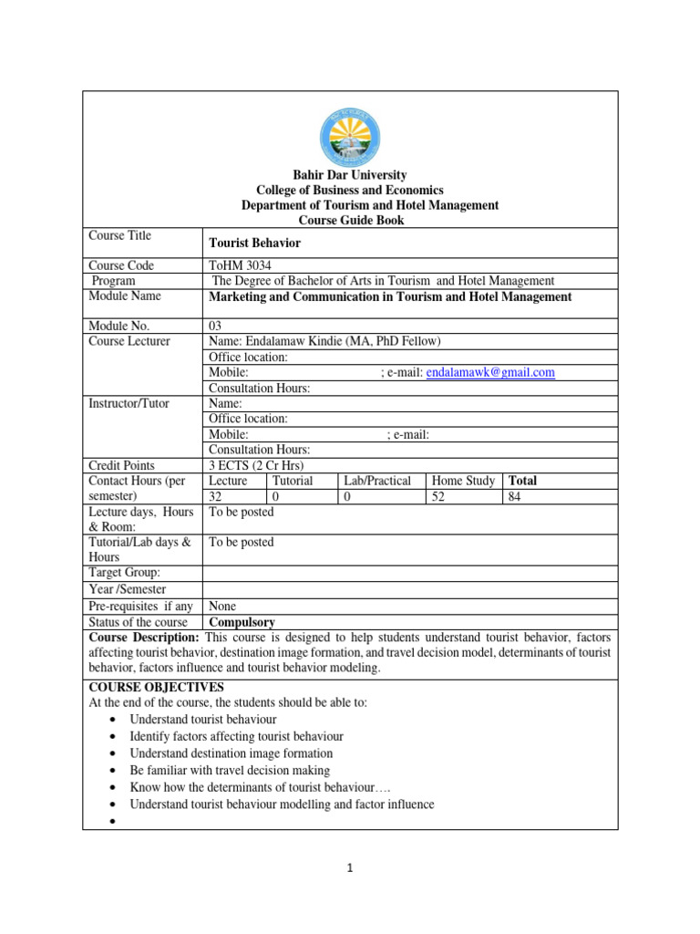 Tourist Behavior Course Outline | PDF | Behavior | Lecture Tourist Behavior Course Outline | PDF | Behavior | Lecture