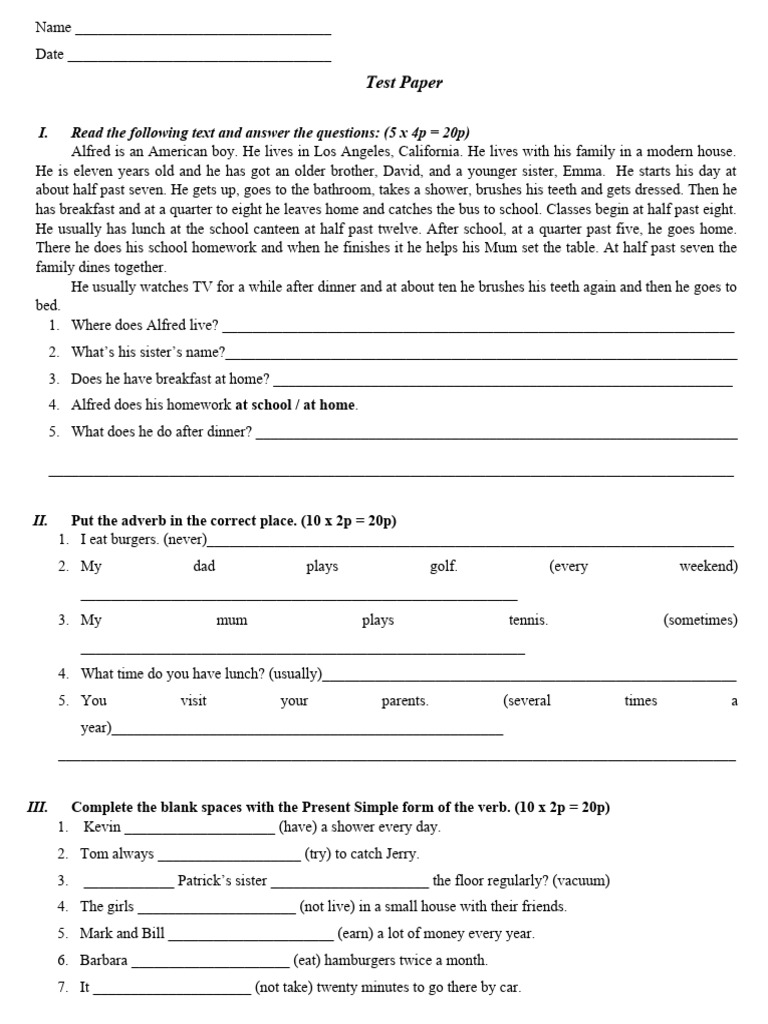 Test Clasa 5 | PDF | Dinner