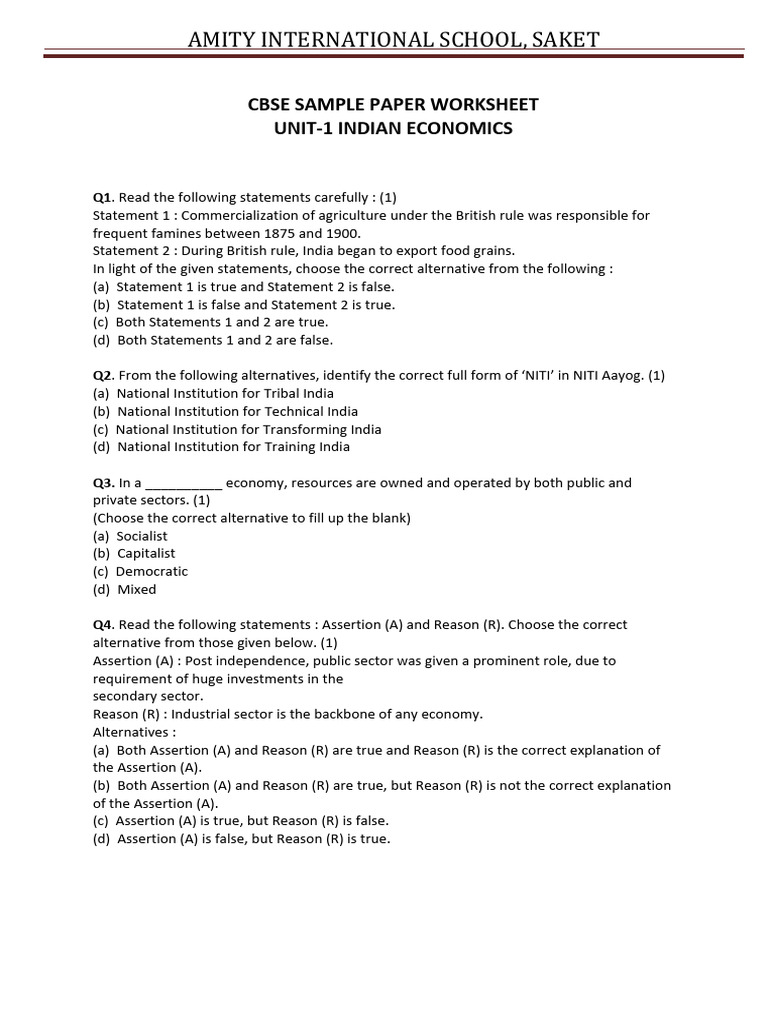 Indian Eco Unit 1 Cbse Worksheet (1) | PDF | Economies