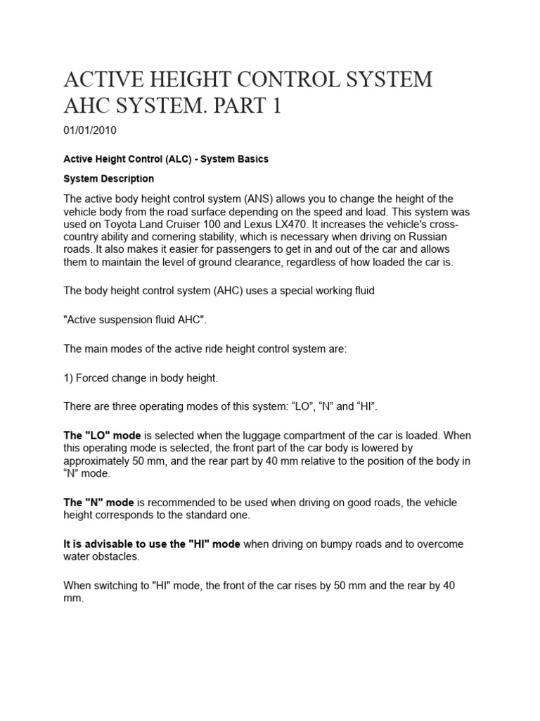 ACTIVE HEIGHT CONTROL SYSTEM AHC SYSTEM | Download Free PDF | Pump | Valve