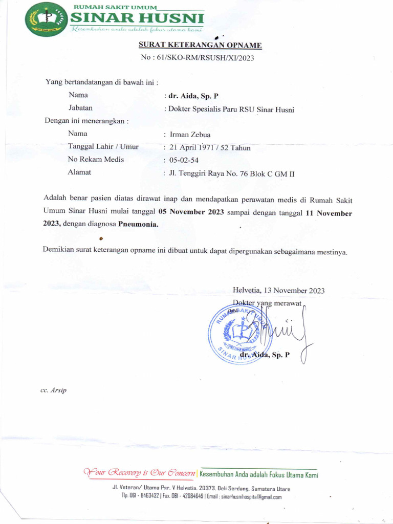 Surat Opname Irman Zebua | PDF