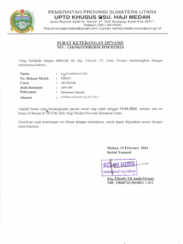 Surat Opname Agus Kurnia Putra | PDF