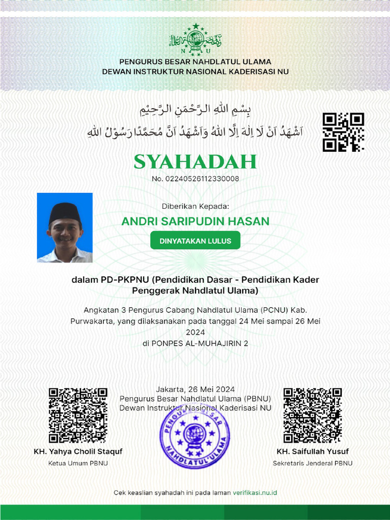 Syahadah PD PKPNU Andri Saripudin Hasan | PDF