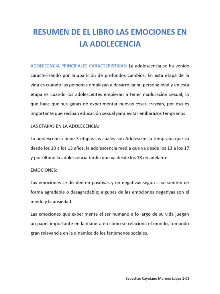 Resumen de El Libro Las Emociones en La Adolecencia | Descargar gratis PDF | Las emociones ...