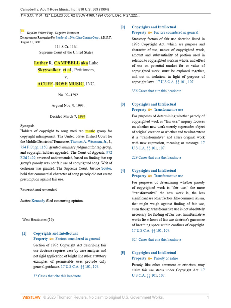 Luther R. Campbell Aka Skyywalker, Et Al. v. Acuff- Rose Music | Download Free PDF | Fair Use ...