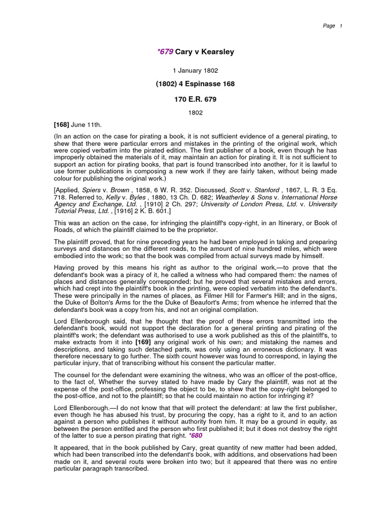 Cary v Kearsley: Copyright Piracy Case | PDF | Common Law | Justice