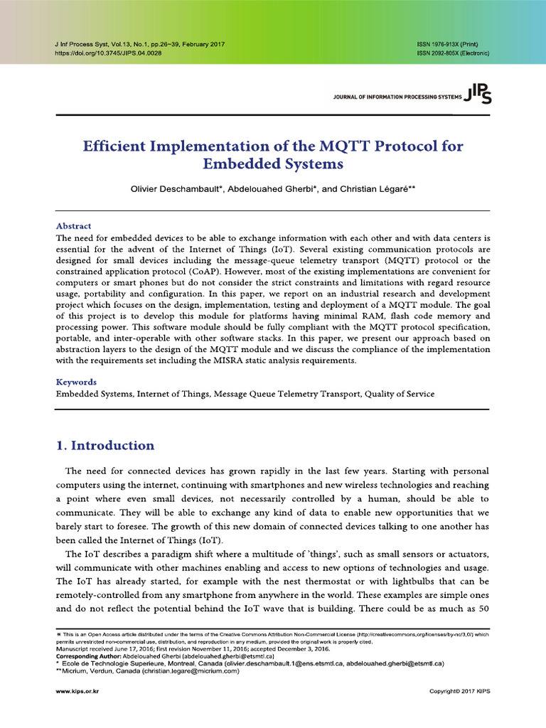 Efficient Implementation of The MQTT Protocol For Embedded Systems | PDF