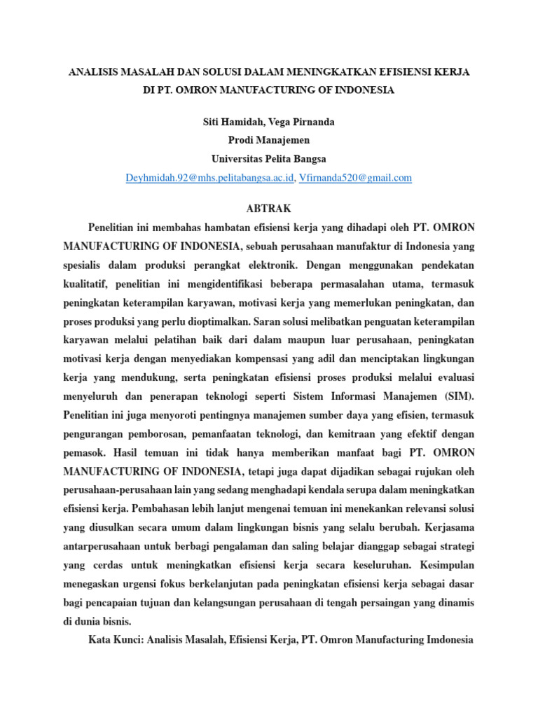 Jurnal Manajemen Operasional Siti Hamidah Dan Vega Pirnanda (112211012 Dan 11221 | PDF | Karier ...