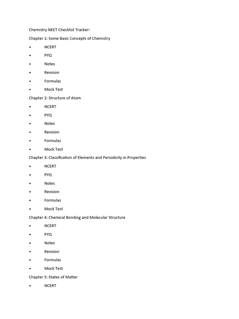 Chemistry Neet Checklist Tracker Pdf Chemistry Physical Sciences