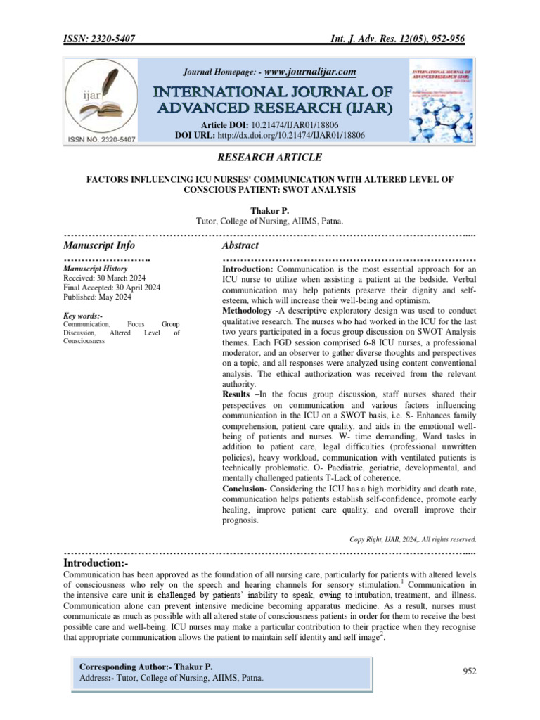Factors Influencing Icu Nurses Communication With Altered Level of ...