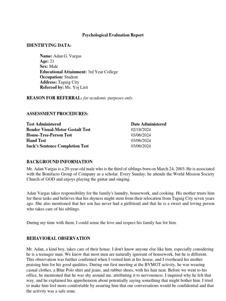 Psychological Report - Elmark Merilos Final-1 | PDF | Psychological ...