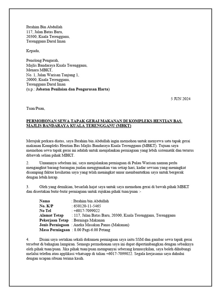 Contoh Surat Permohonan Sewa Tapak Gerai | PDF