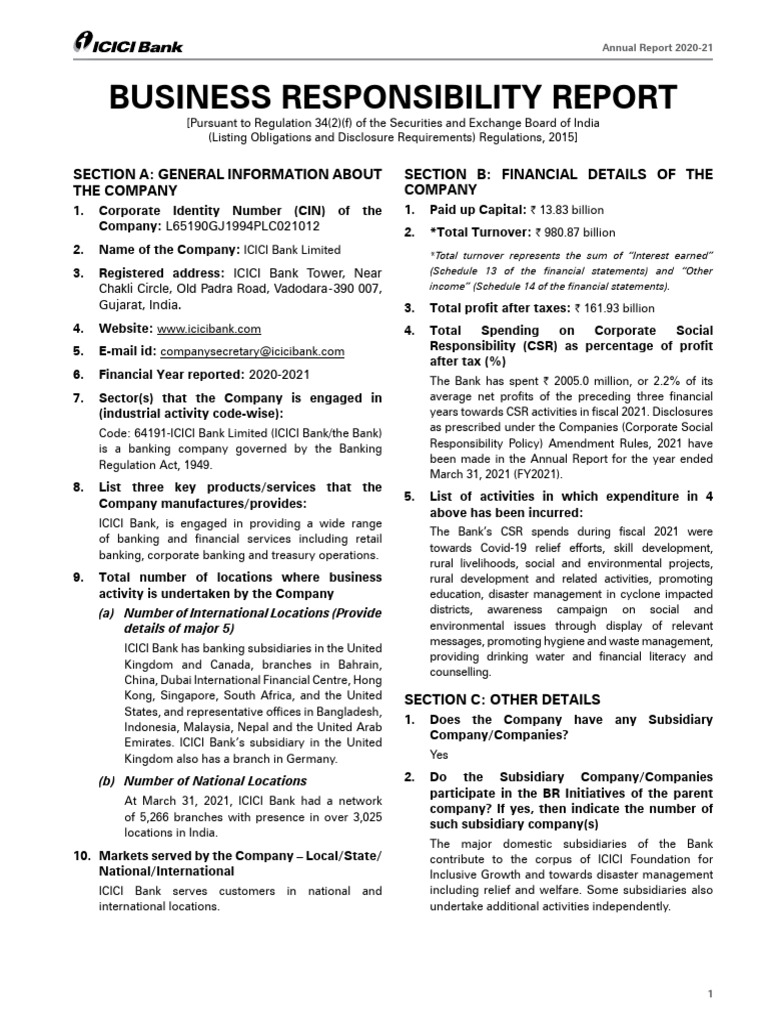 ICICI Bank Business Responsibility Report 2021 | PDF | Green Building | Efficient Energy Use