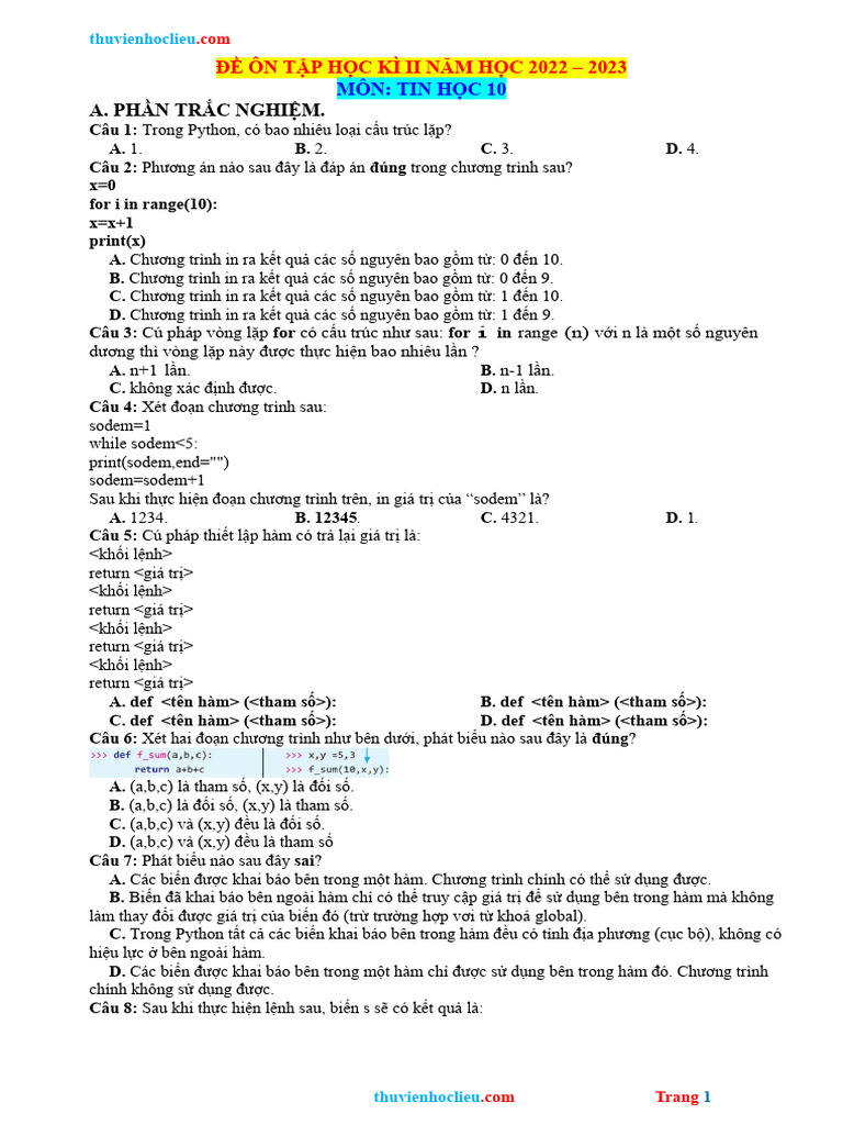 De On Tap HK2 Tin 10 KNTT Co Dap An | PDF
