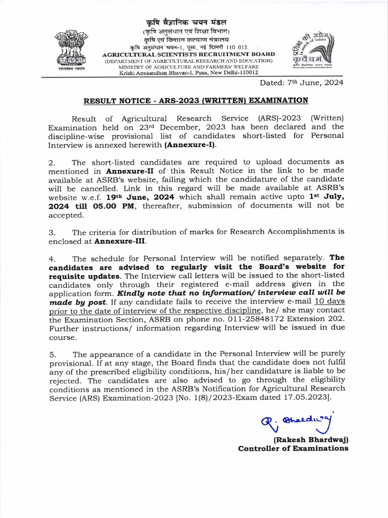 Result Notice ARS 2023 (Written) Examination | PDF