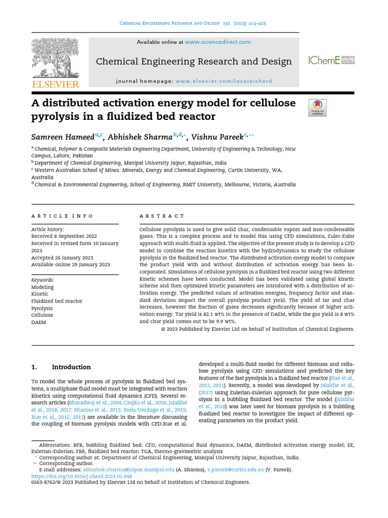 A Distributed Activation Energy Model For Cellulose Pyrolysis in A FBR | PDF | Computational ...
