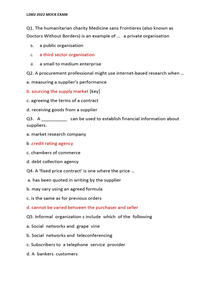 l2m2 Mock Exam 2022 Draft Paper 005 PDF | PDF | Procurement | Expense