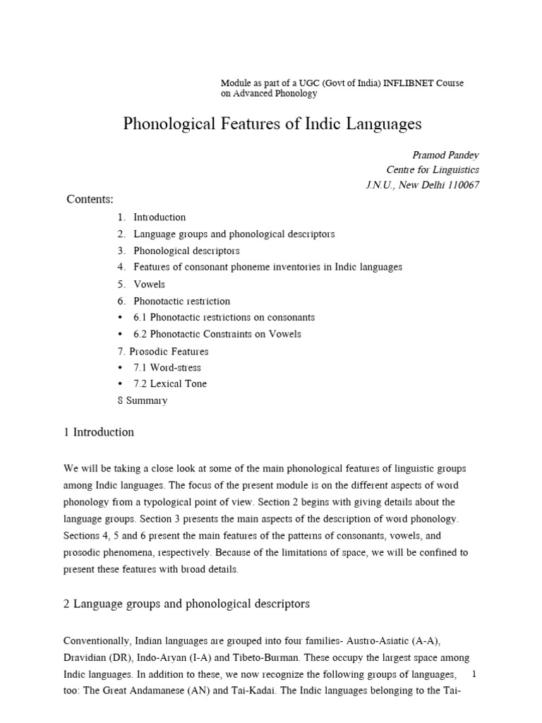 Phono Features Indic Languages | PDF | Tone (Linguistics) | Stress (Linguistics)