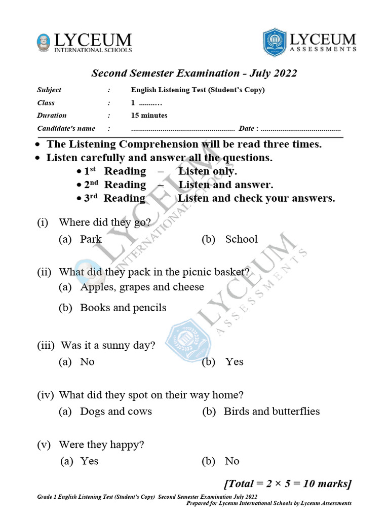 Grade 1 English Listening Test - Student - S Copy-1 | PDF